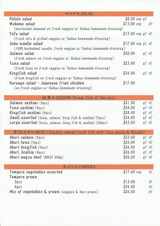 Menu at Rakuu restaurant, Ballina