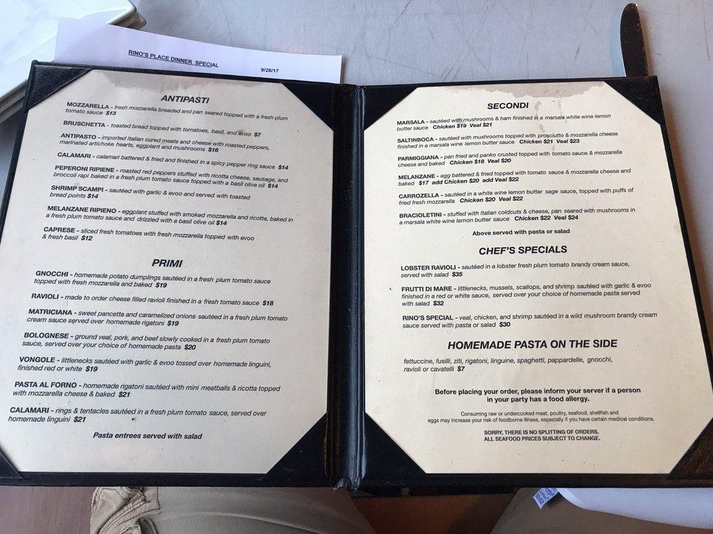 Menu at Rino's Place restaurant, Boston