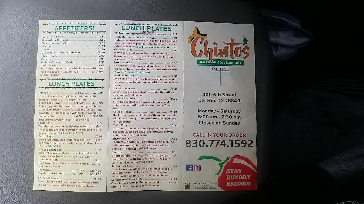 Menu at Chinto's Super Taco restaurant, Del Rio