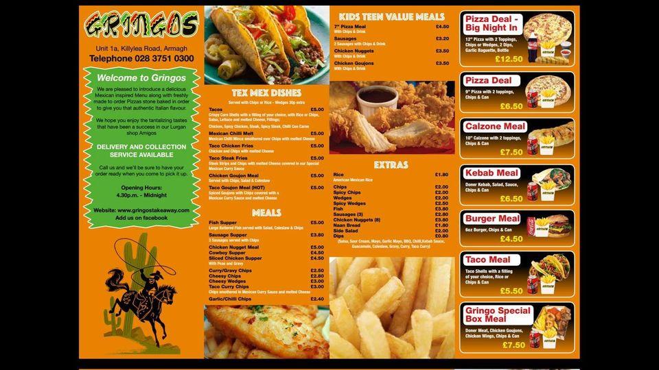 Menu at Gringos pizzeria, Armagh