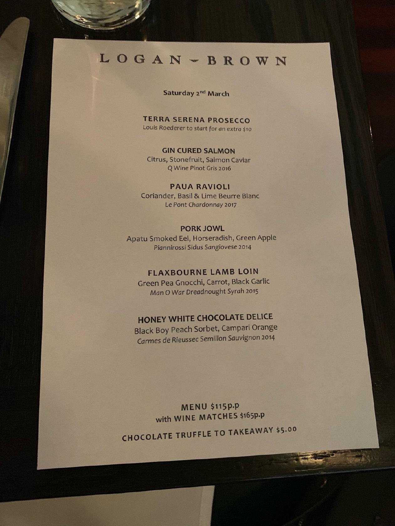 Menu at Logan Brown Restaurant, Wellington