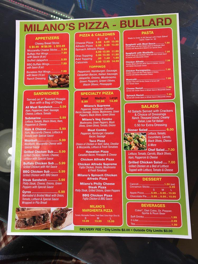 Menu at Milano's Pizza Bullard Texas pizzeria, Bullard
