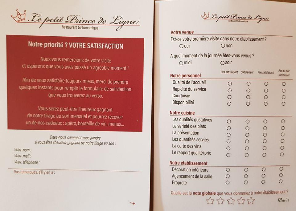 Menu au Le petit Prince de Ligne, Ath