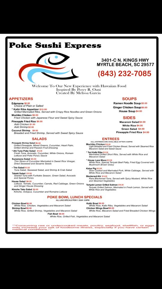 Menu at Poke Sushi Express restaurant, Myrtle Beach