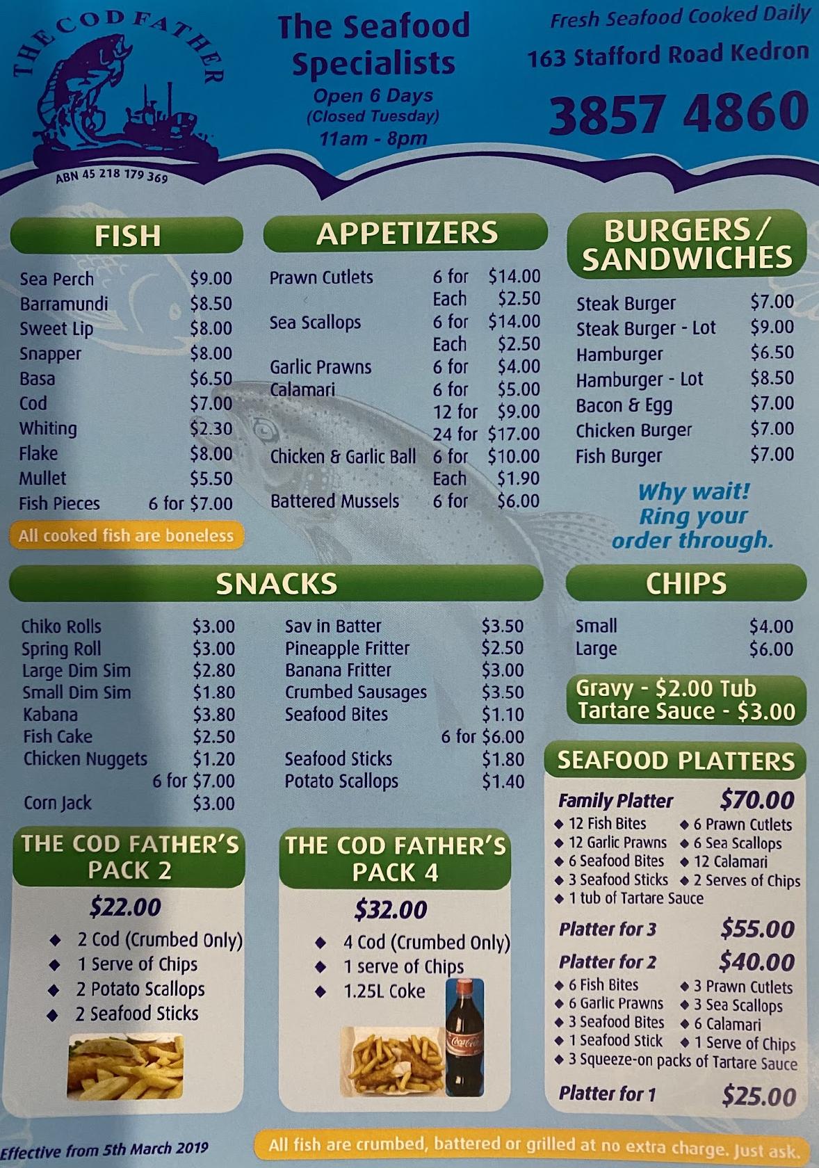 Menu at The Cod Father restaurant, Kedron