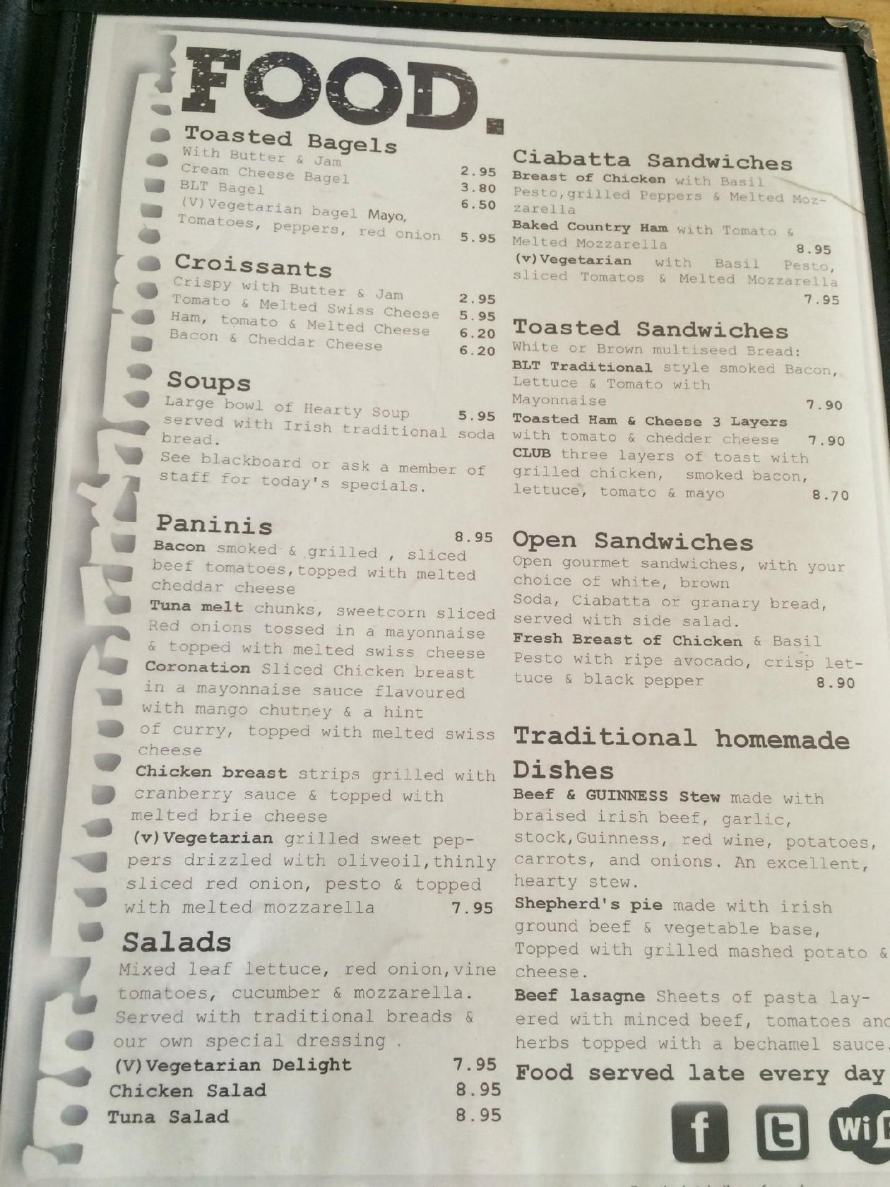 Menu at Brick Alley Café cafe, Dublin