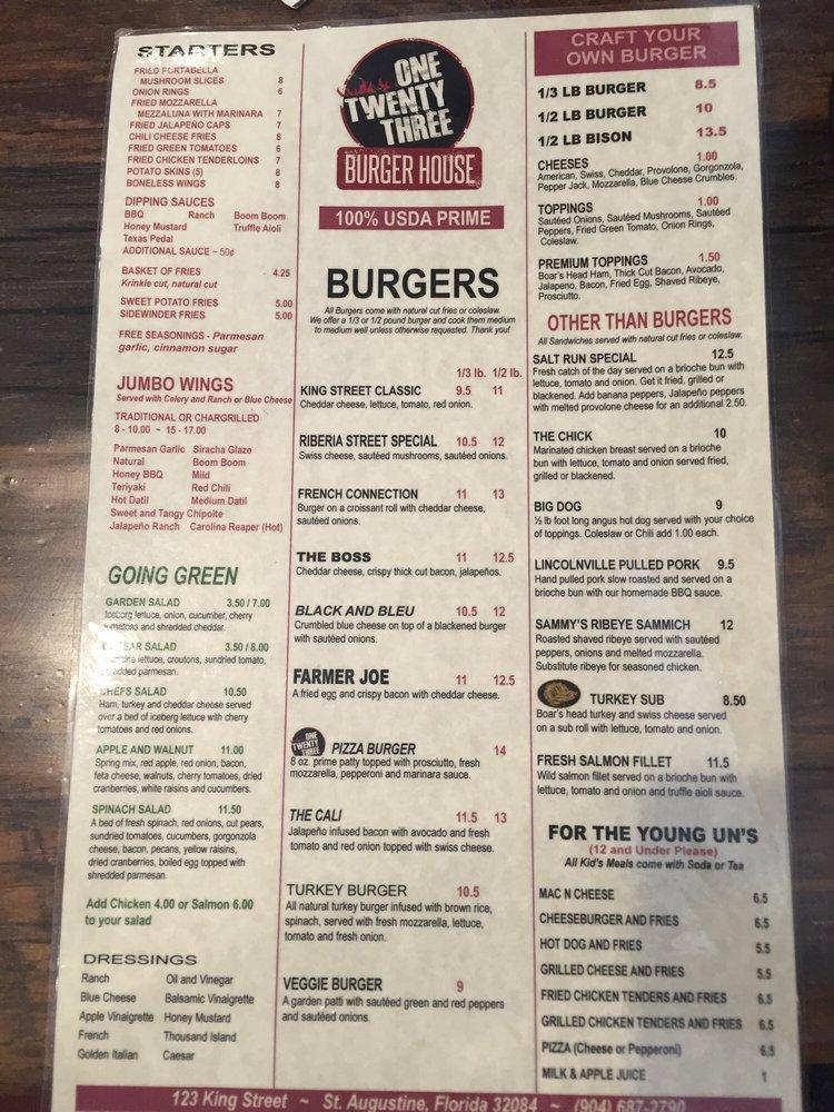 Menu at One Twenty Three Burger House restaurant, St. Augustine