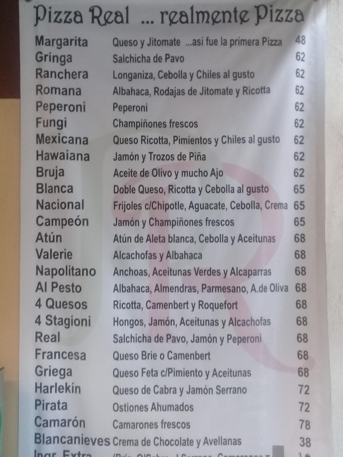 Menu at Pizza Real restaurant, Cuernavaca, Av. San Diego 236-Local 3