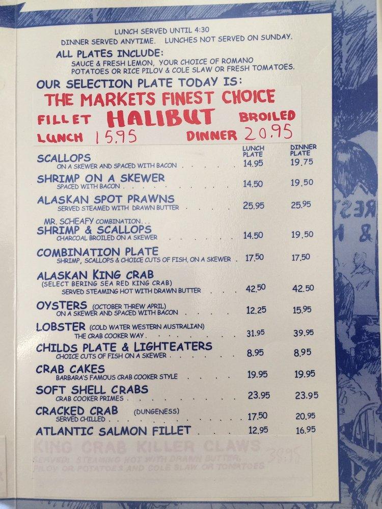 Menu at The Crab Cooker restaurant, Newport Beach, Newport Blvd
