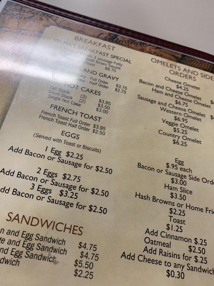 Menu at Velma's Diner restaurant, Shoals