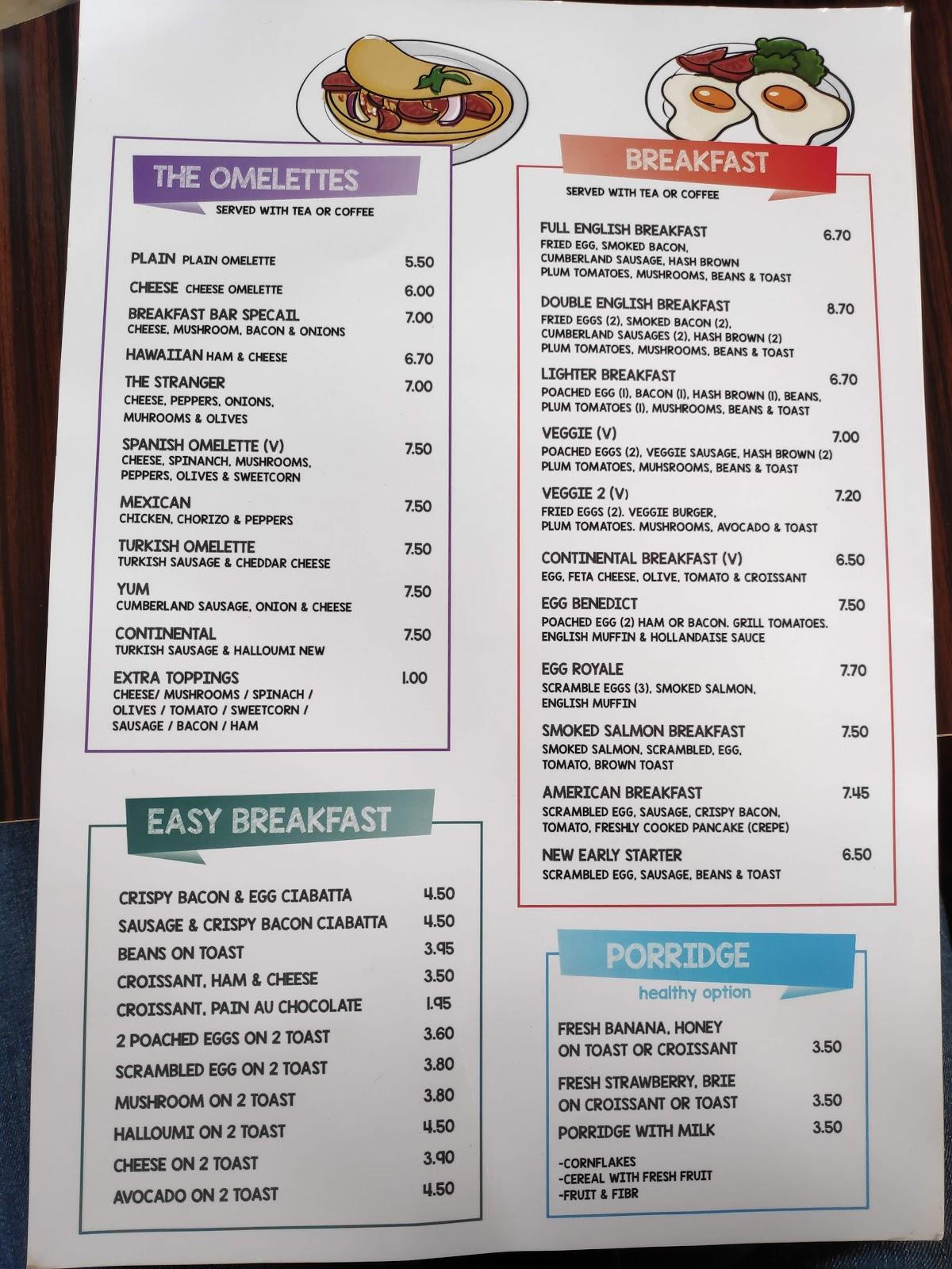 Menu at Area Cafe, Cambridge