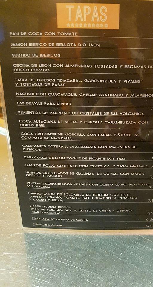 Menu at Bar Los Tres, Barcelona