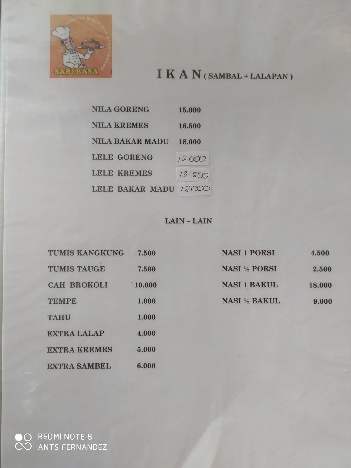 Menu at Bebek & Ayam Sari Rasa restaurant, Kebumen