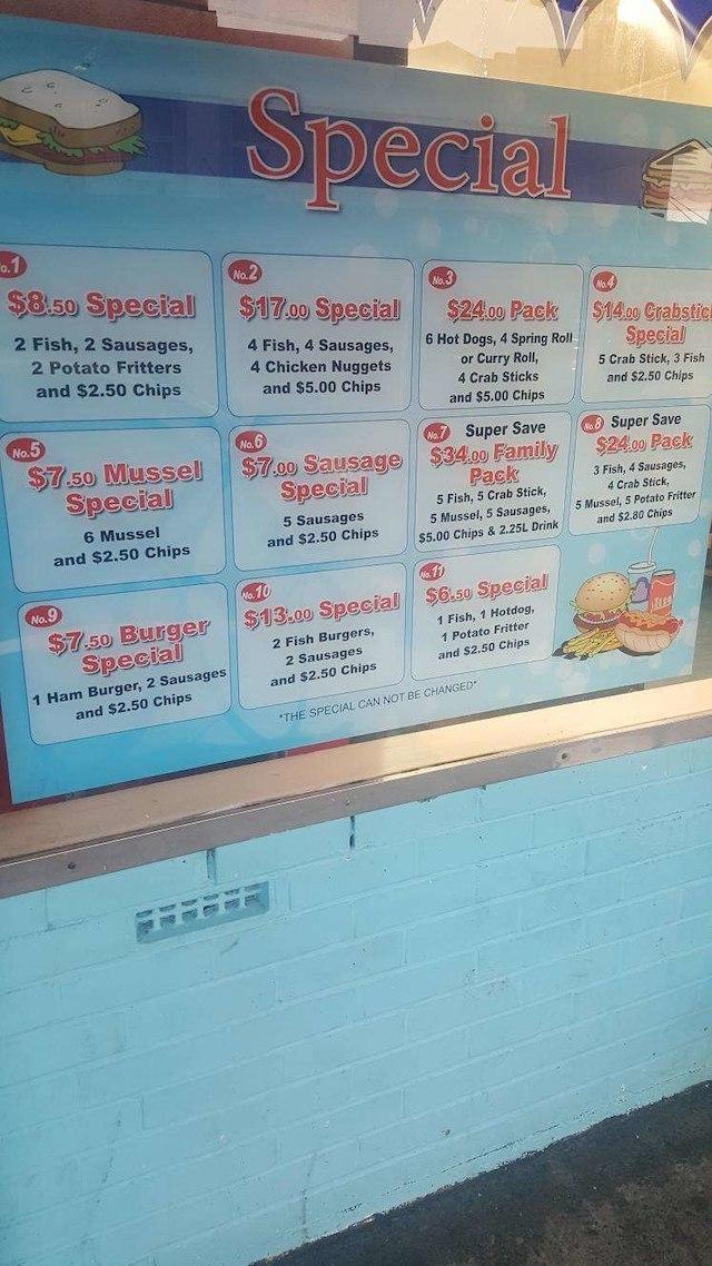 Menu at Blue Pacific Takeaway restaurant, Auckland