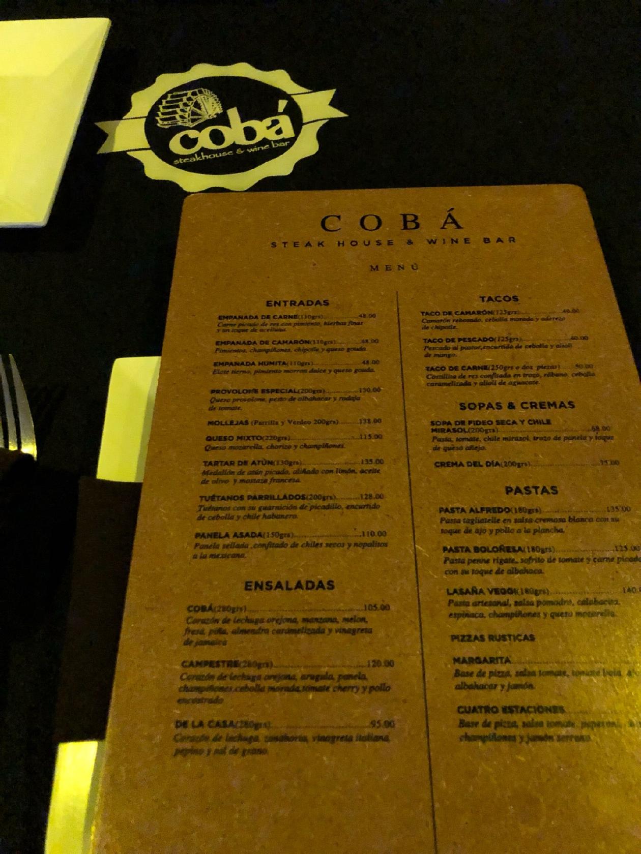 Menu at Cobá pub & bar, Villa de Álvarez