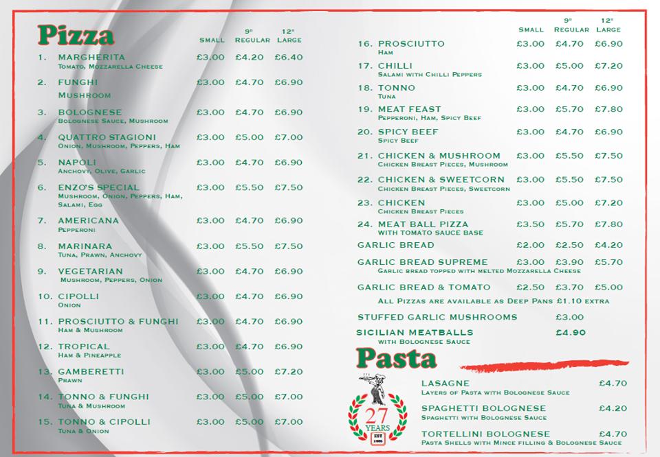 Menu at Enzo's fast food, Burnley