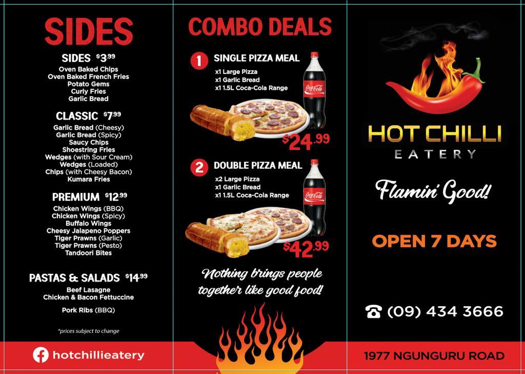 Menu at HOTCHILLI EATERY pizzeria, Ngunguru