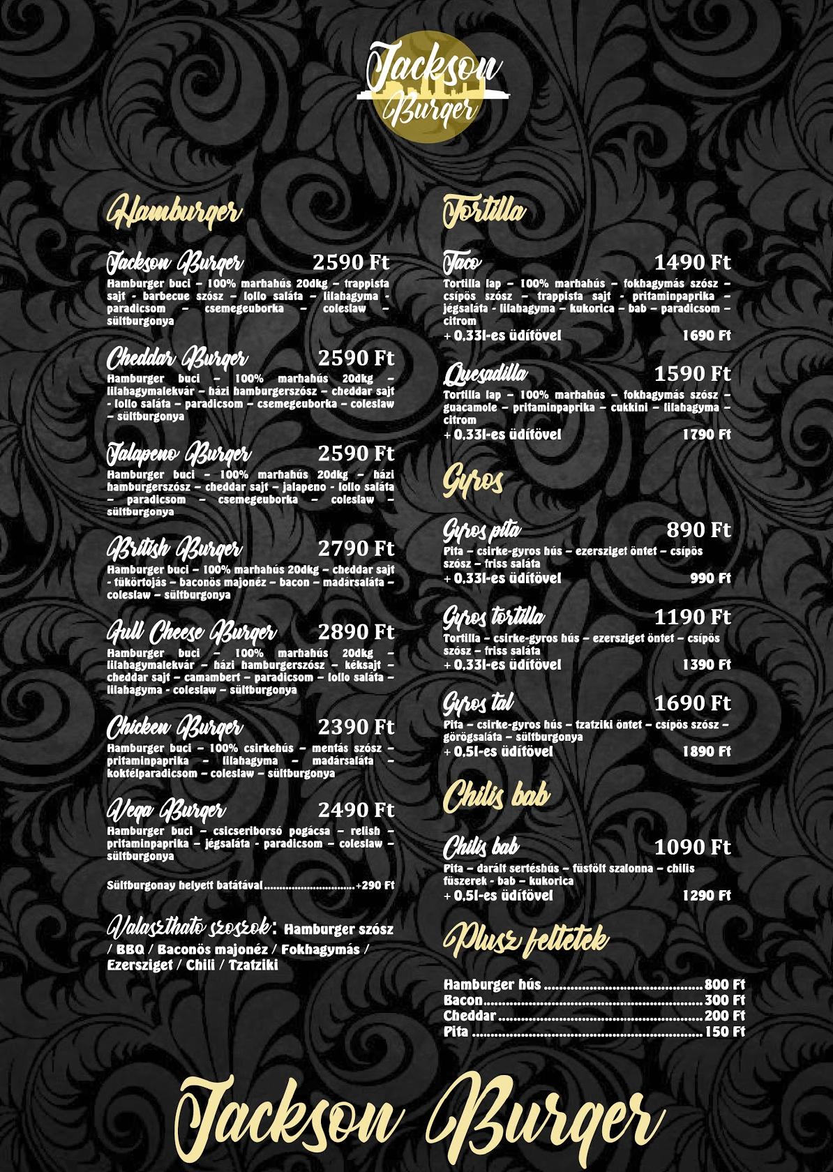 Menu at Jackson Burger restaurant, Szeged