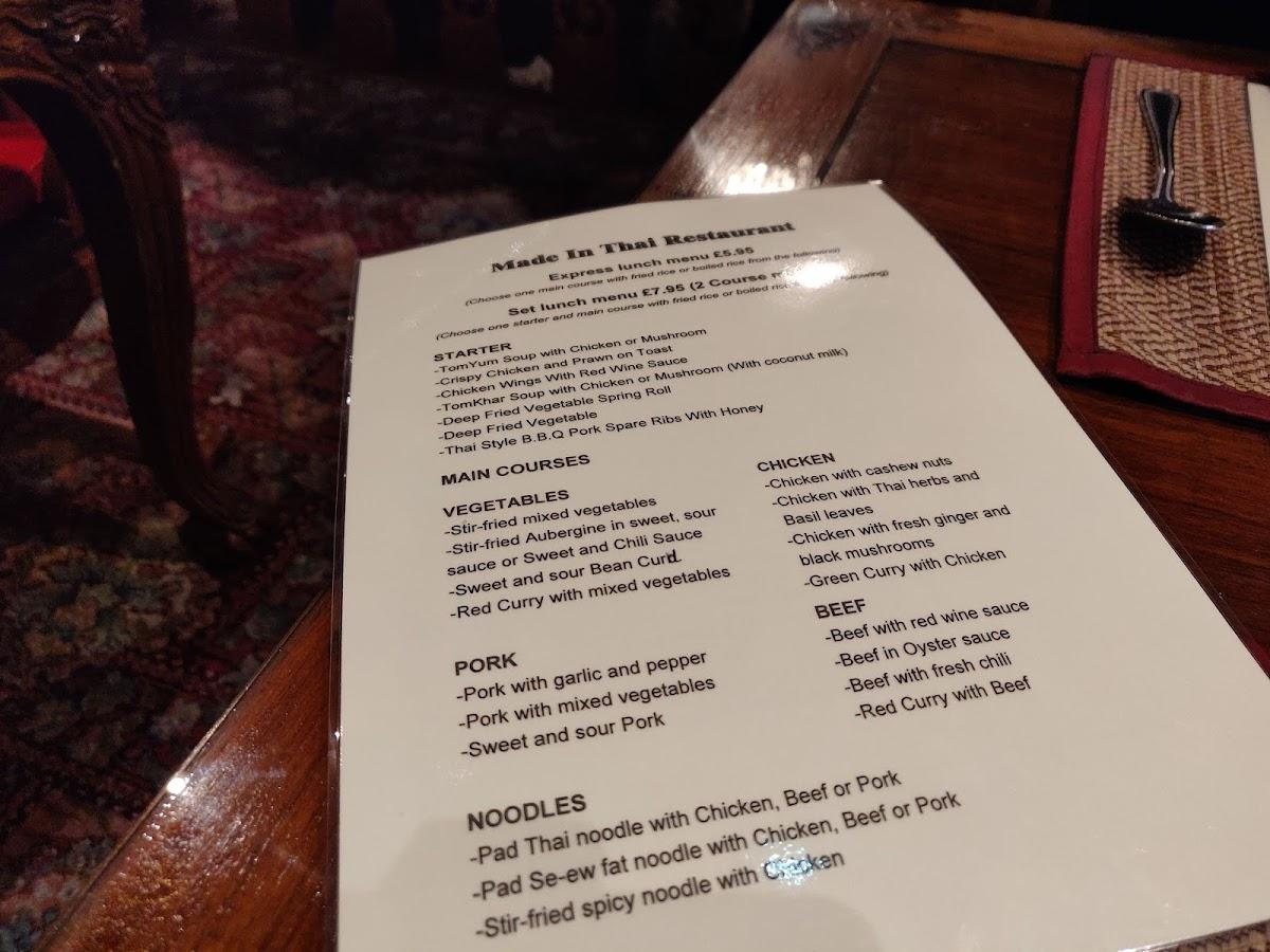 Menu at Made In Thai restaurant, Wolverhampton