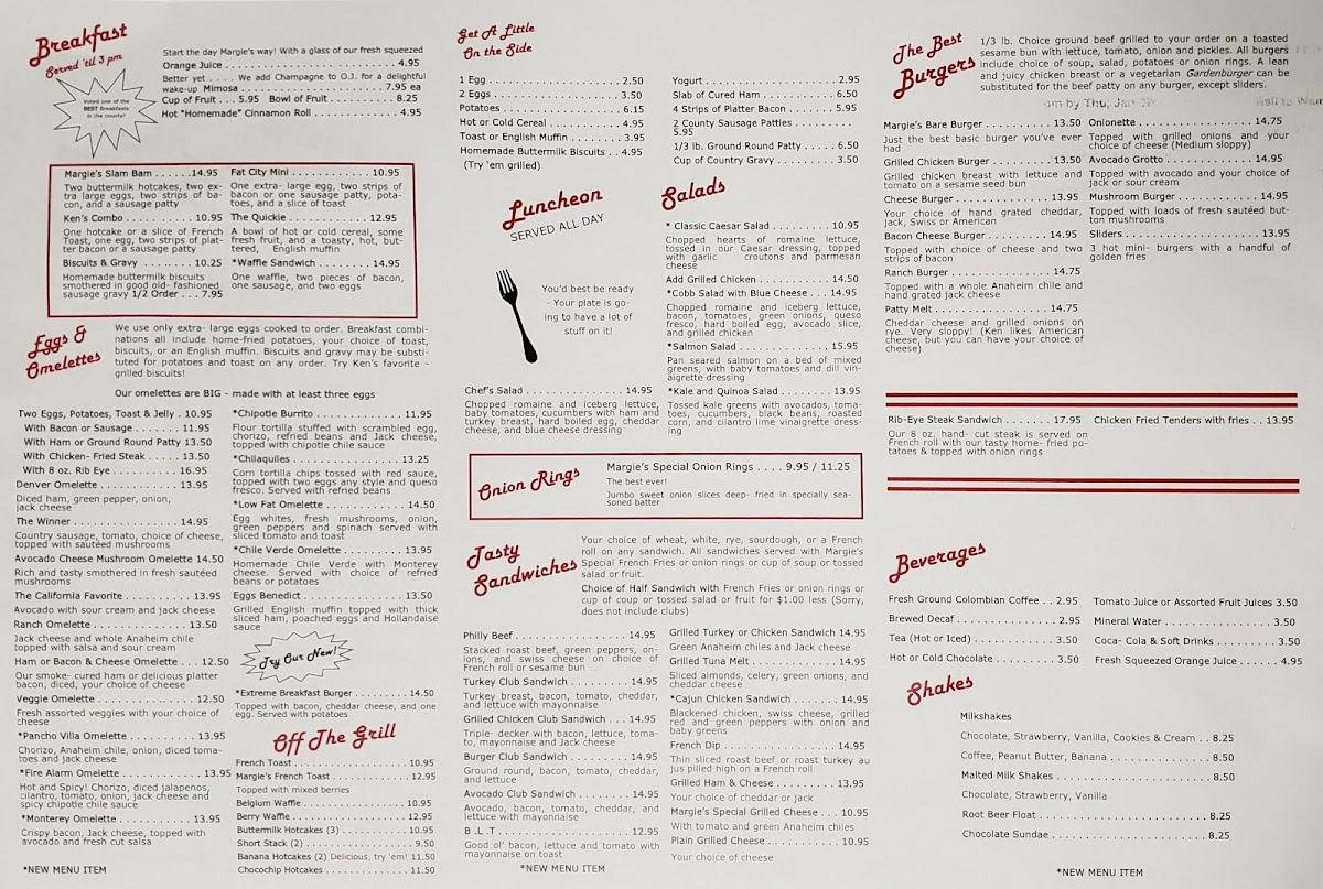 Menu at Margie's Diner restaurant, Paso Robles