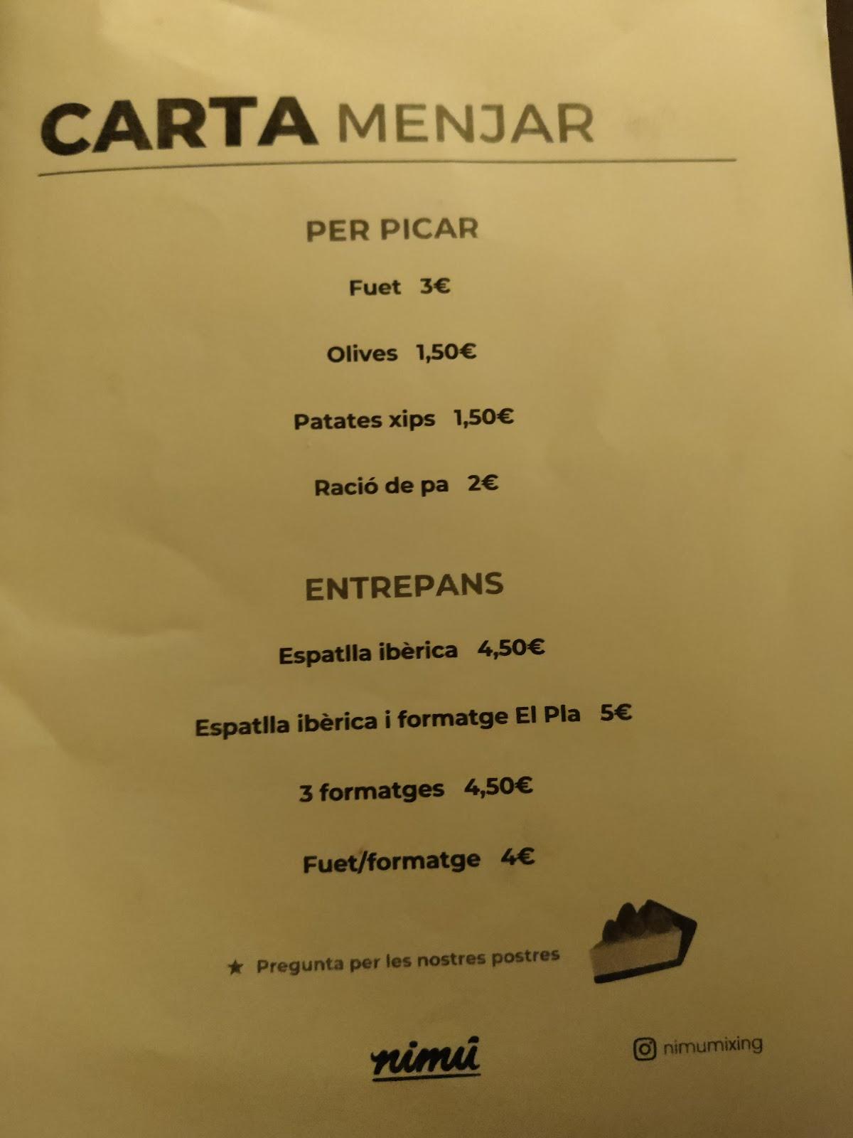 Carta del pub y bar Nimú, Celrà
