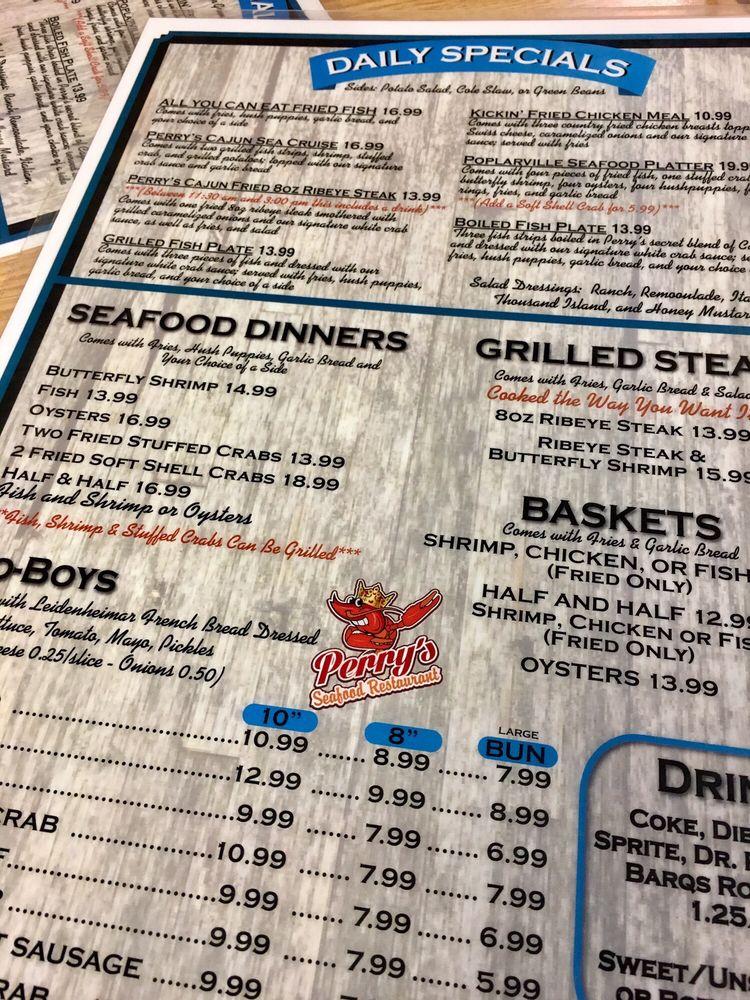 Menu at Perry's Seafood restaurant, Poplarville, 929 MS-26 West