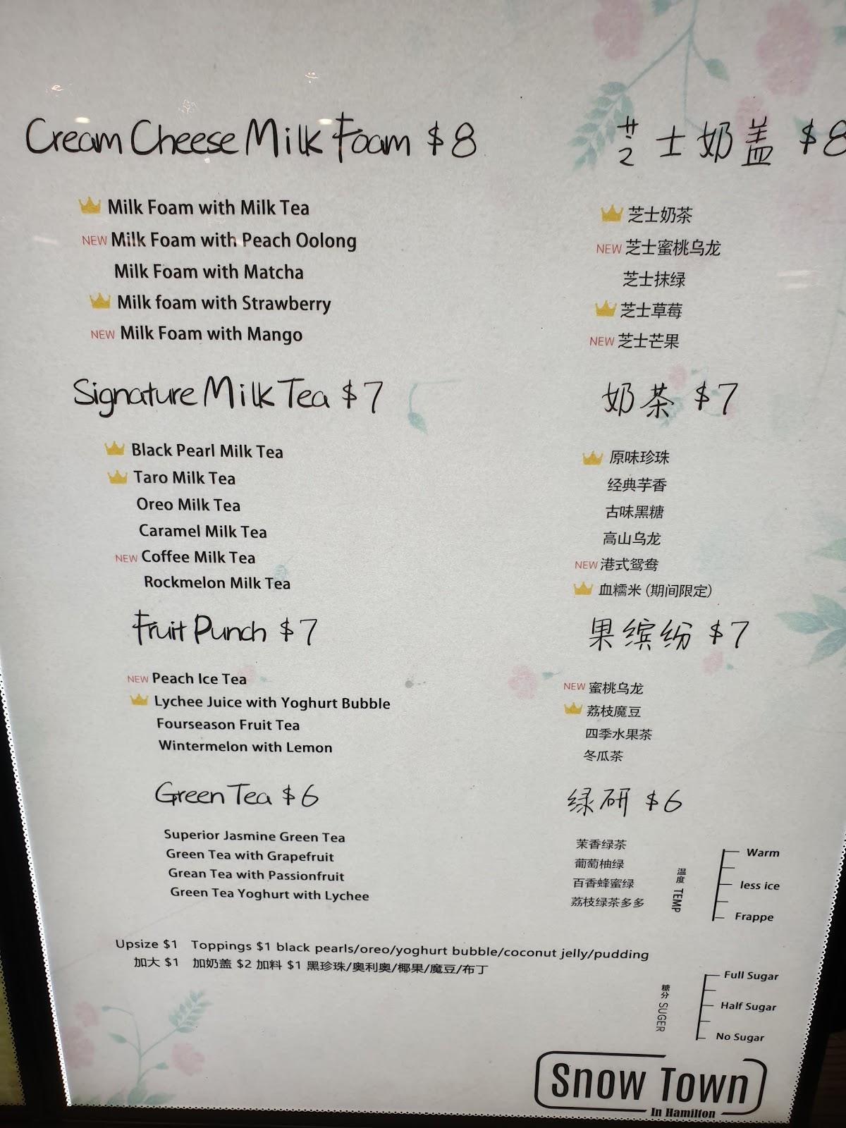 Menu at Snow Town desserts, Hamilton