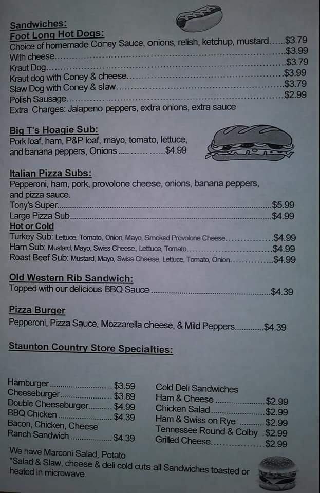 Menu at Staunton Country Store pizzeria, Troy