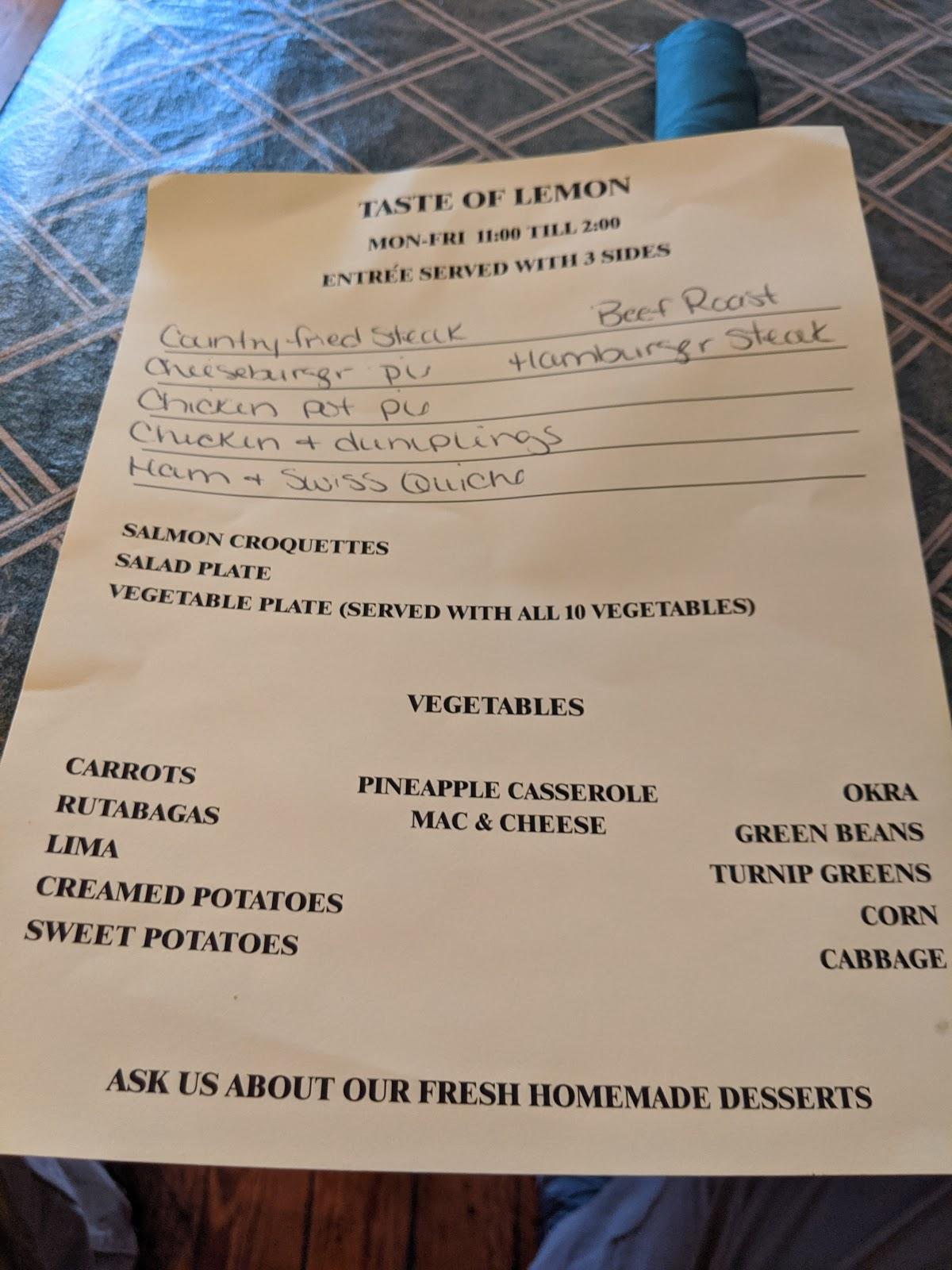 Menu at Taste of Lemon Restaurant, LaGrange