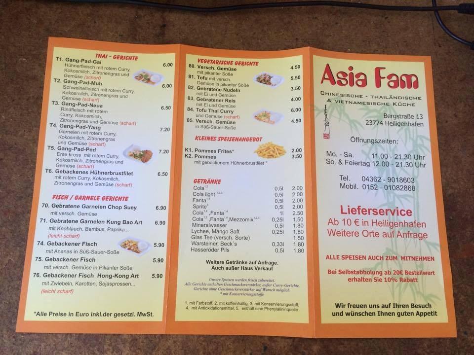 Menu at Asia Fam restaurant, Heiligenhafen