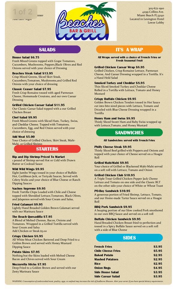 Menu at Beaches Bar And Grill, Miami Beach