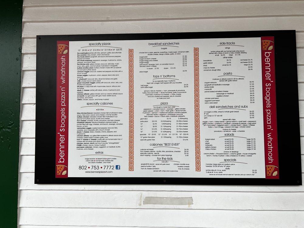 Menu at Benner's Bagels Pizza N' What Nosh pizzeria, Bennington