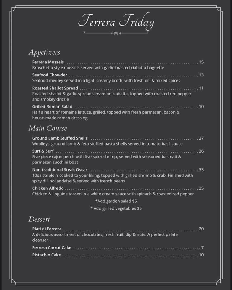 Menu at Ferrera restaurant, Simcoe