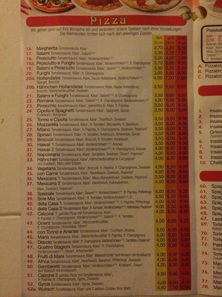 Menu at Pizzeria Pinocchio, Espelkamp