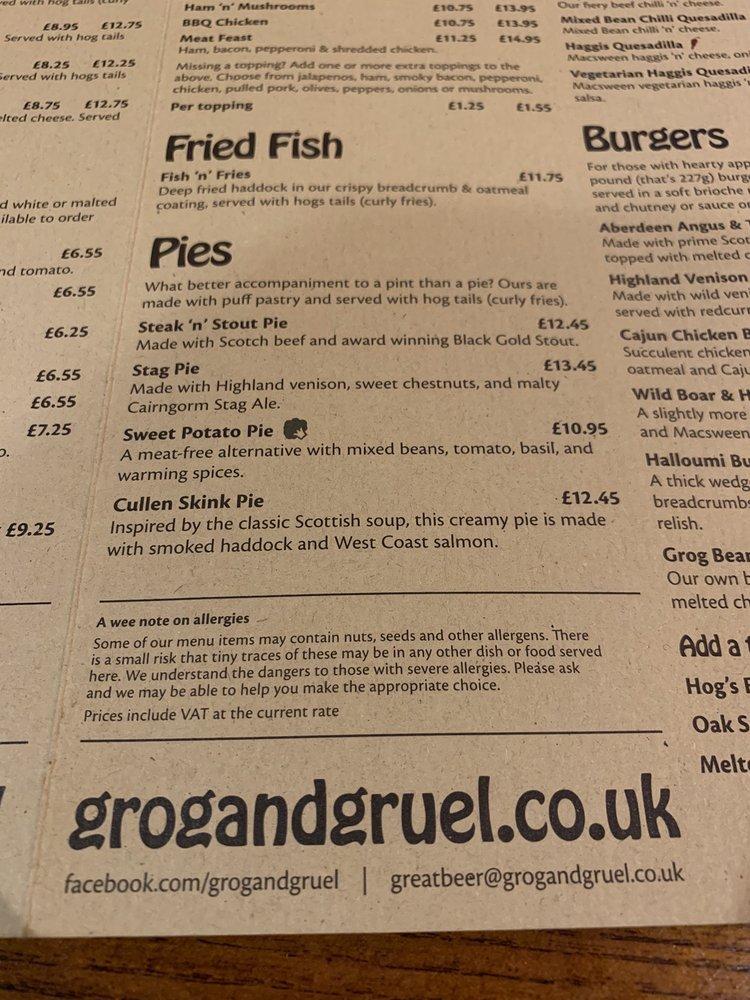 Menu at The Grog & Gruel pub & bar, Fort William