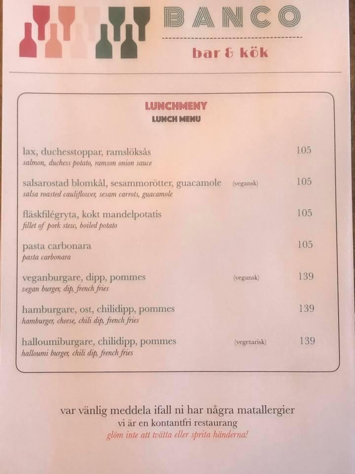 Menu at Banco restaurant, Vadstena