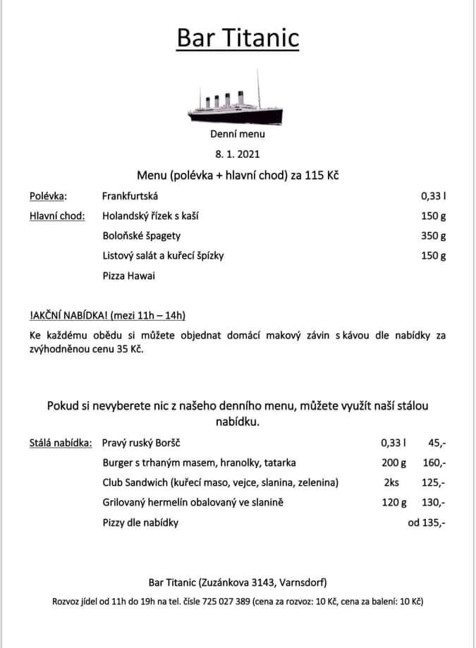 Menu at Bar Titanic, Varnsdorf