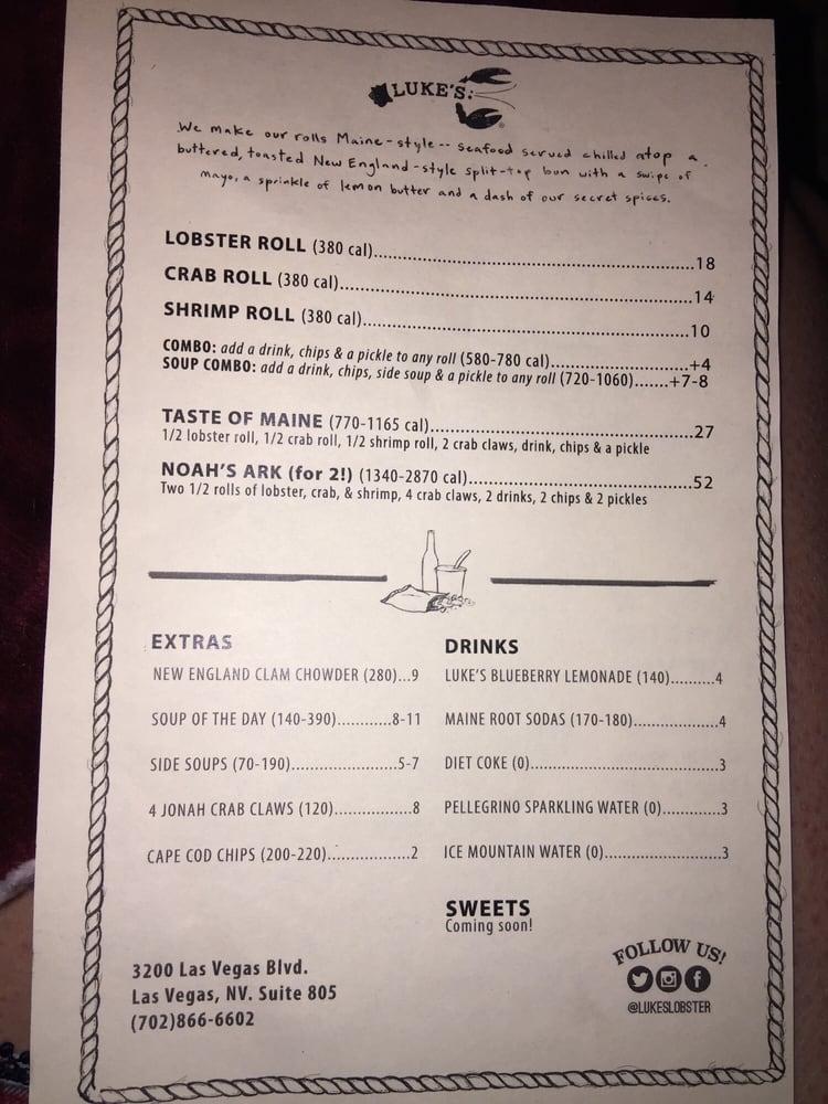 Menu at Luke's Lobster Las Vegas Fashion Show Mall restaurant, Las Vegas