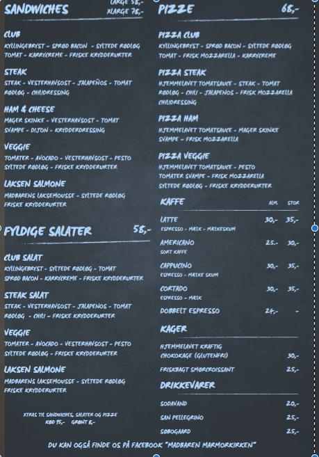 Menu at Madbaren Marmorkirken, Copenhagen
