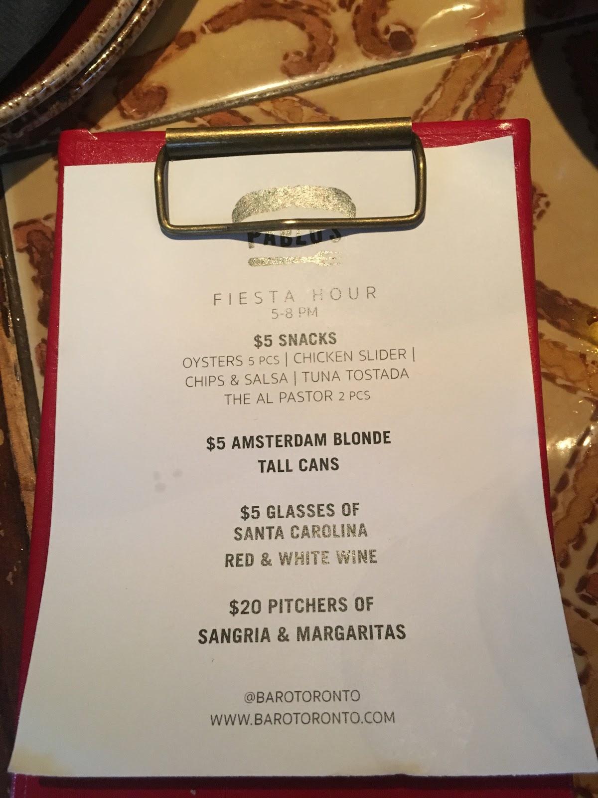 Menu at Pablos Snack House restaurant, Toronto