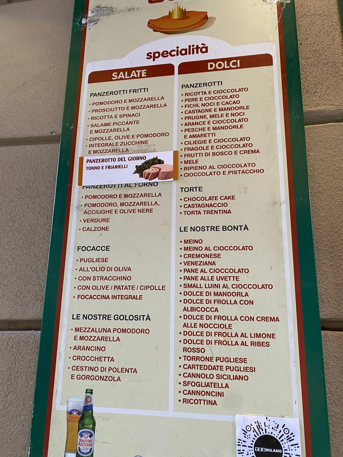 Menu at Panzerotti Luini fast food, Milan