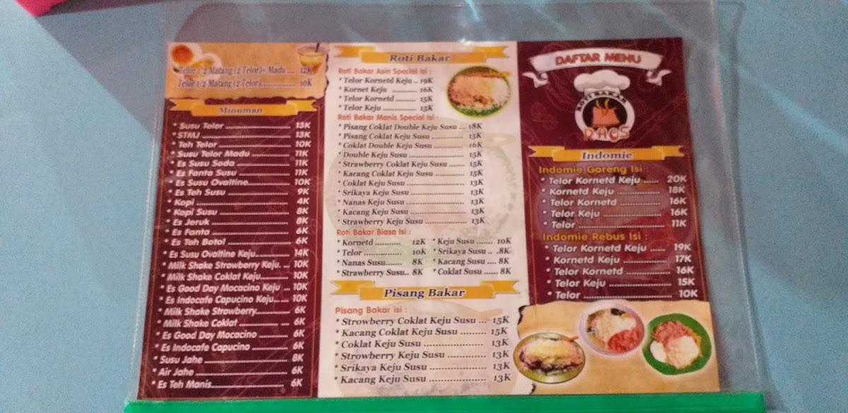 Menu at Roti bakar Raos Pasar Minggu restaurant, South Jakarta