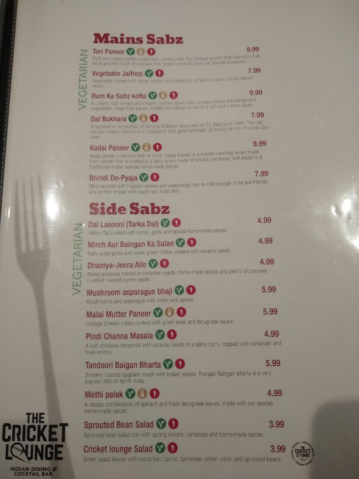 Menu at The Cricket Lounge restaurant, Sutton