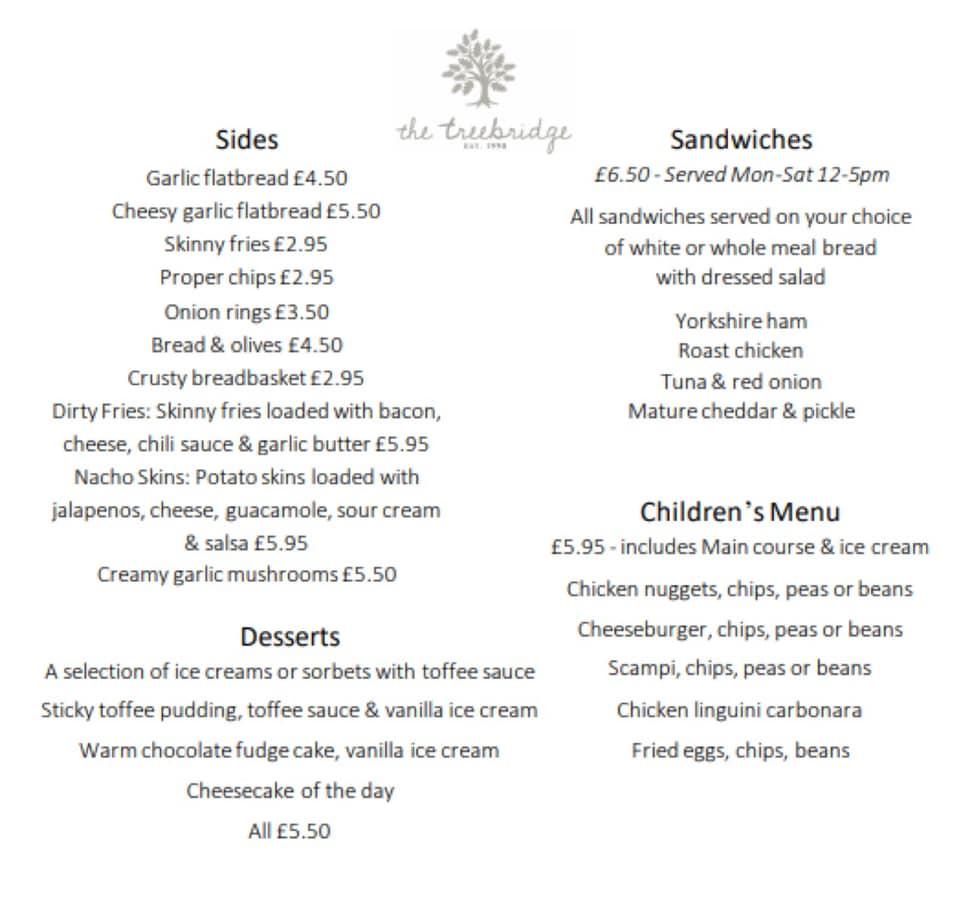 Menu at The Treebridge Hotel pub & bar, Middlesbrough