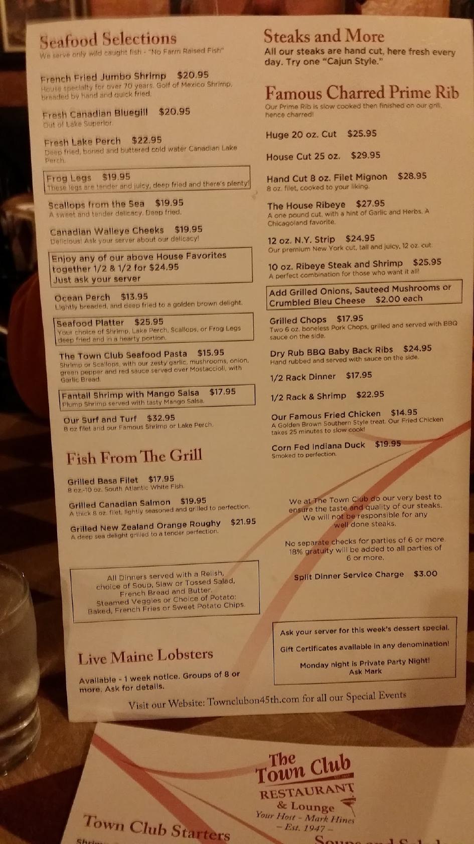 Menu at Town Club Restaurant, Highland