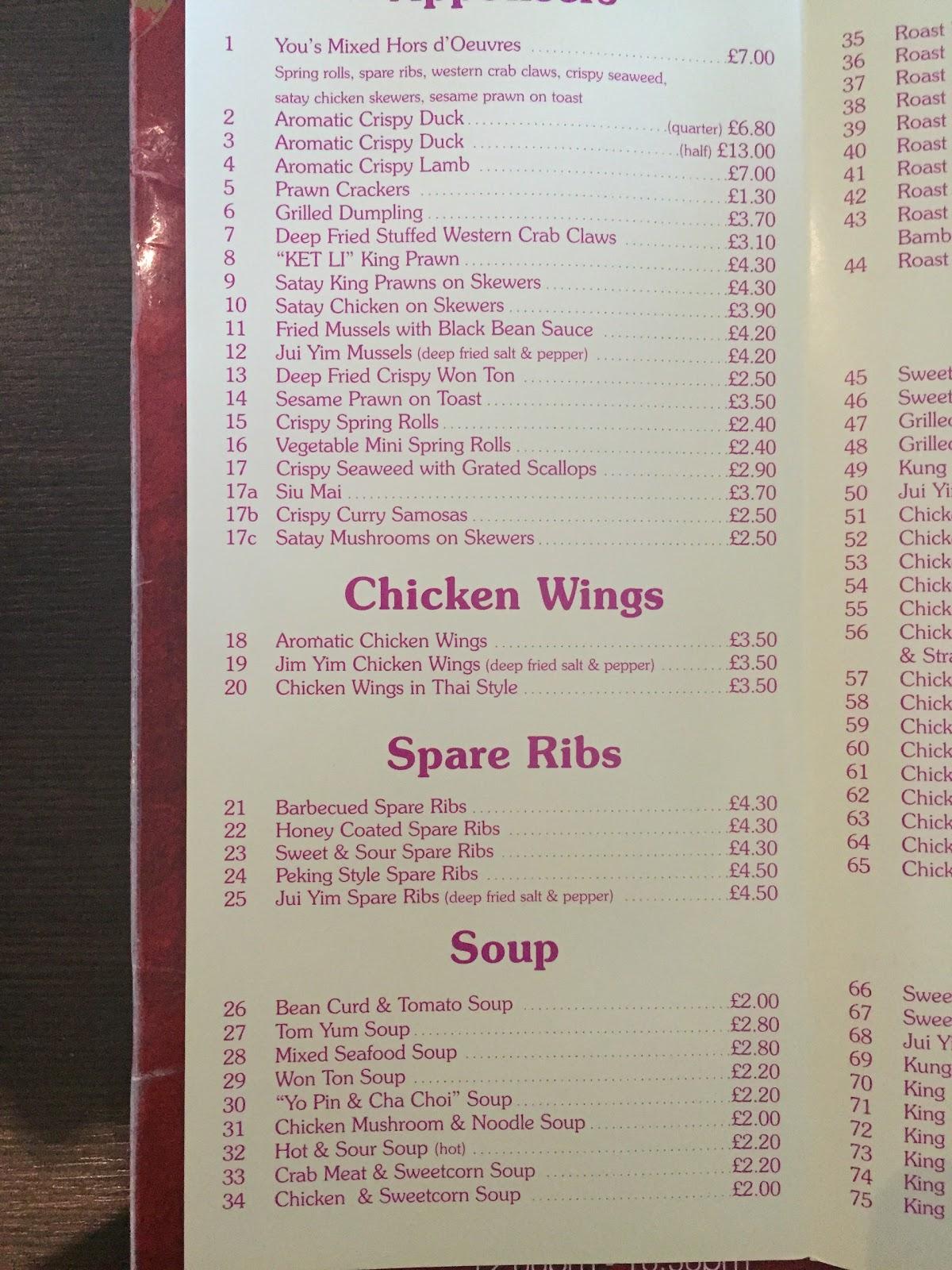 Menu at You's Restaurant, Saint Leonards