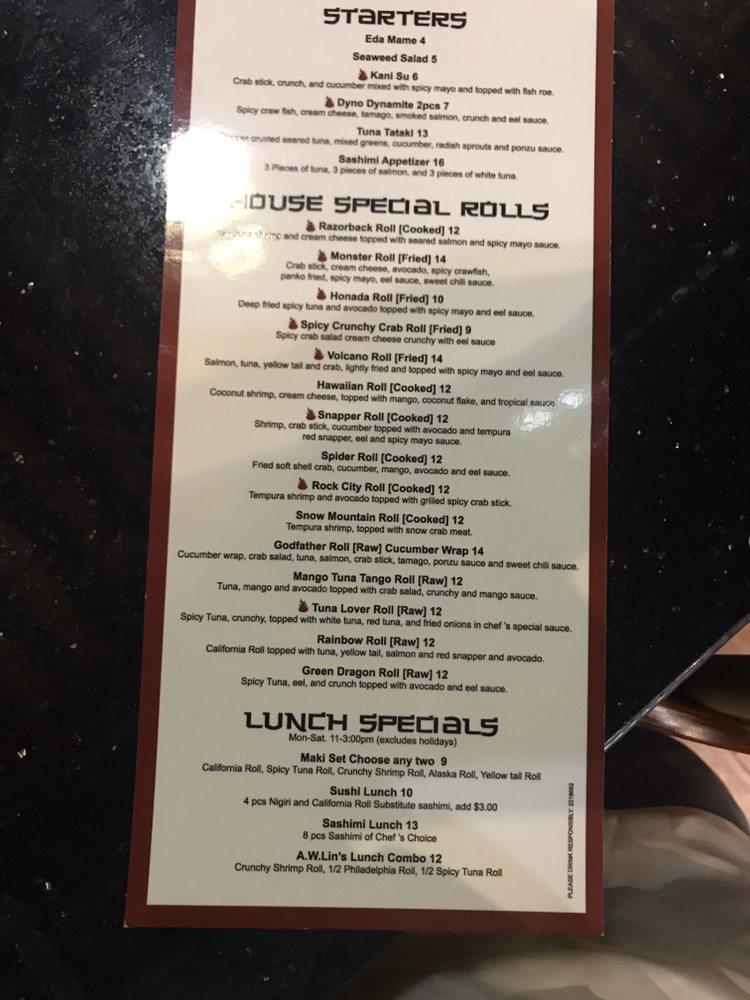 Menu at A.W.Lin's Asian Cuisine at downtown restaurant, Little Rock ...