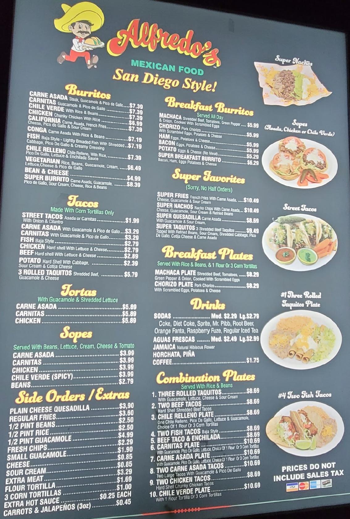 Menu at Alfredo's Mexican Food restaurant, Covina