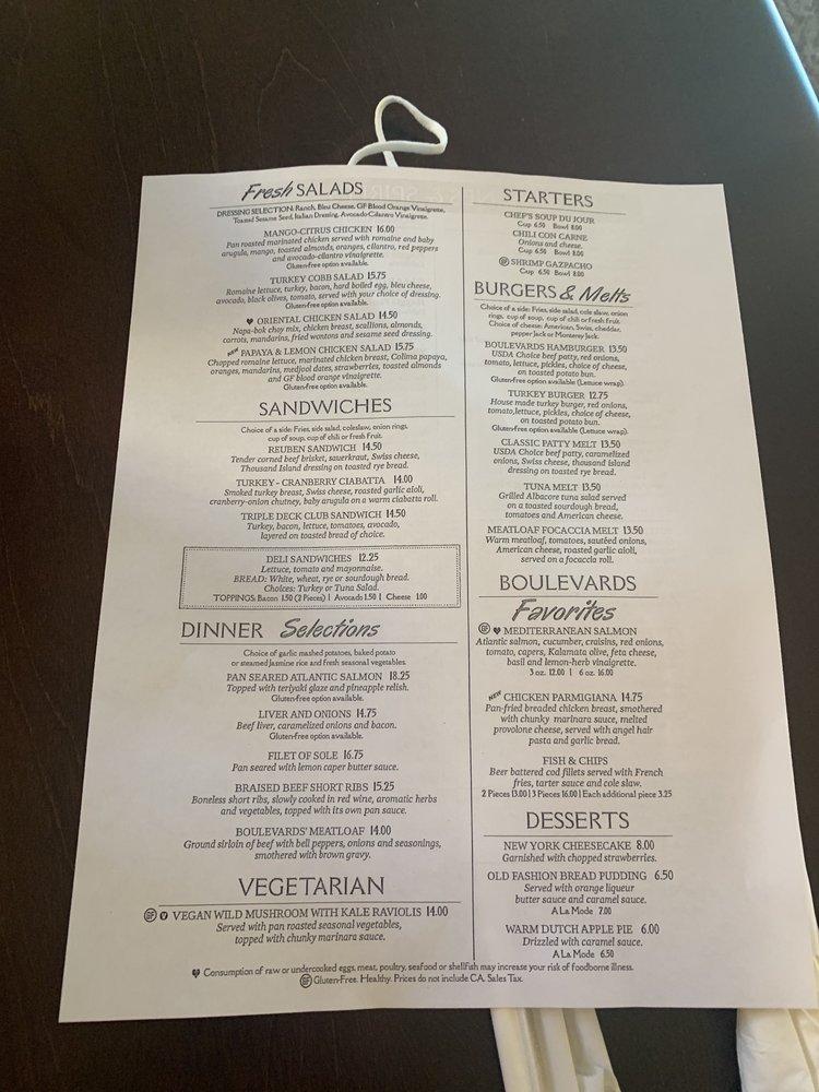 Menu at Boulevard's Bar & Grill, Palm Desert