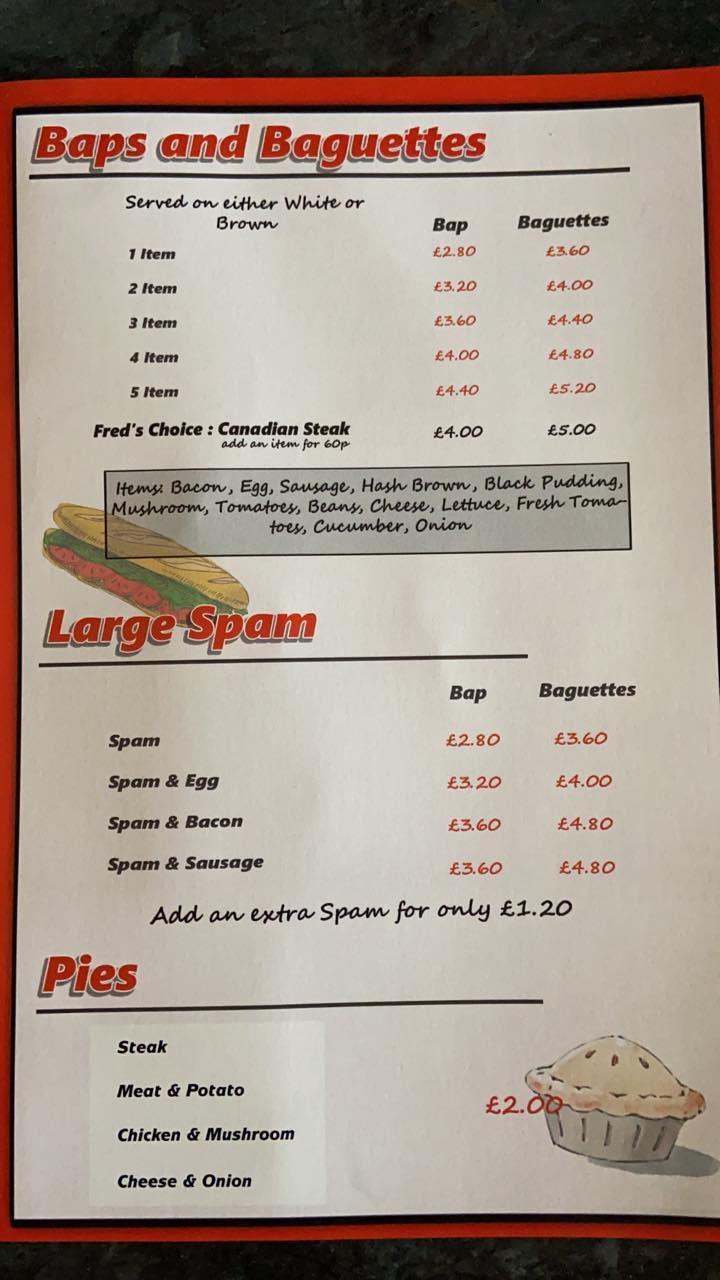 Menu at Fred's Cafe, Macclesfield